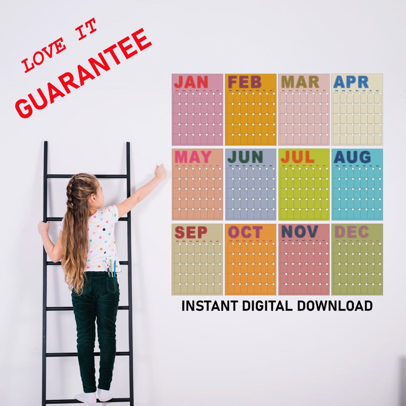 Large Monthly Wall Calendar Printable Bright, Undated Wall Calendar ...