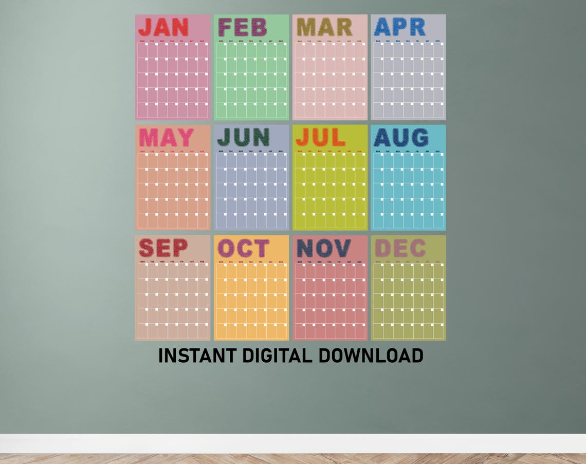 Large Monthly Wall Calendar Printable Bright, Undated Wall Calendar ...