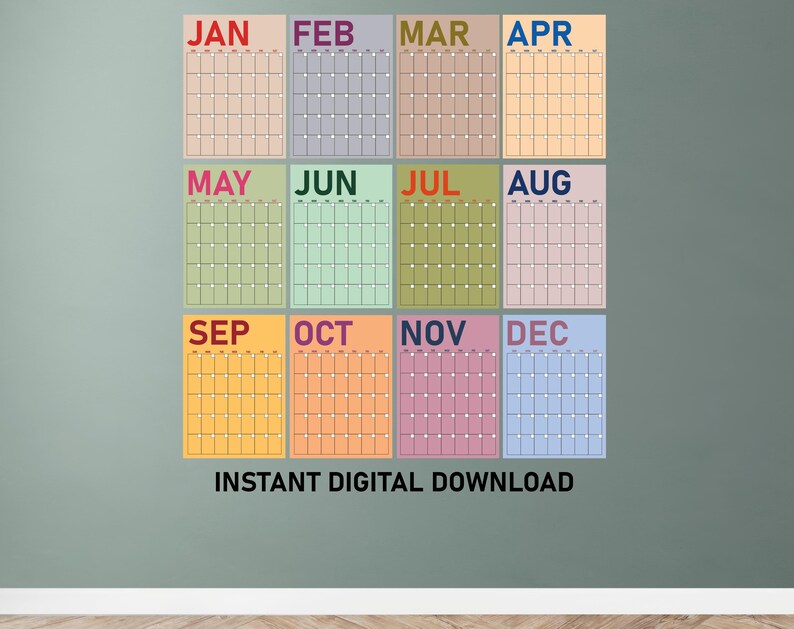 Large Monthly Wall Calendar Printable Bright, Undated Wall Calendar ...