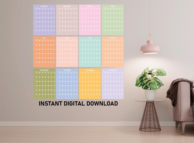 Large Monthly Wall Calendar A3 A4 PDF, Pastel Wall Calendar, Undated ...