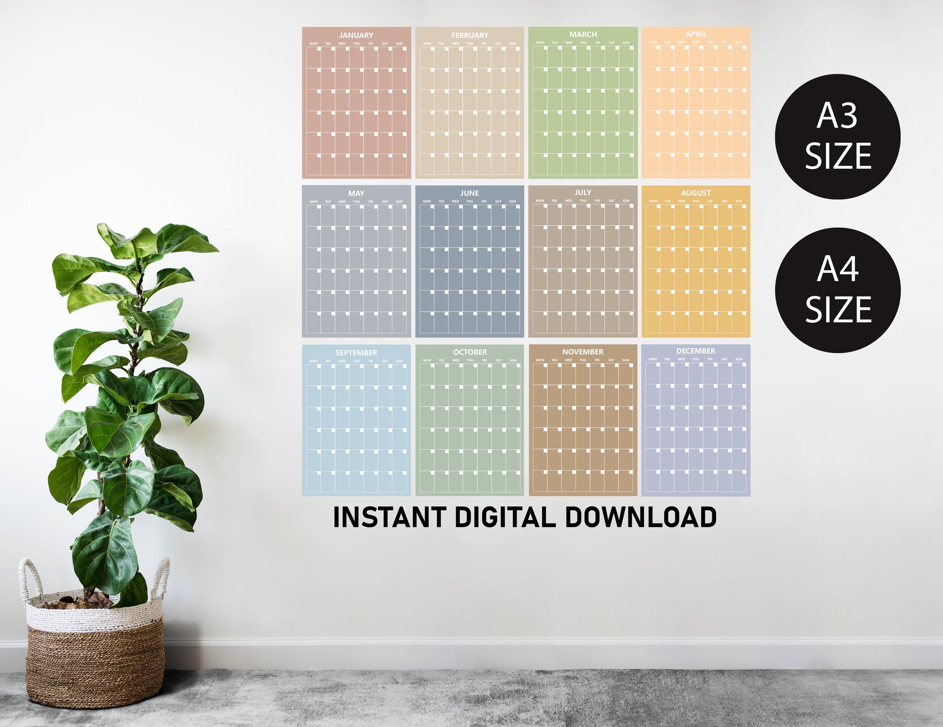 Large Monthly Wall Planner A3 A4 PDF, Pastel Wall Calendar, Undated ...