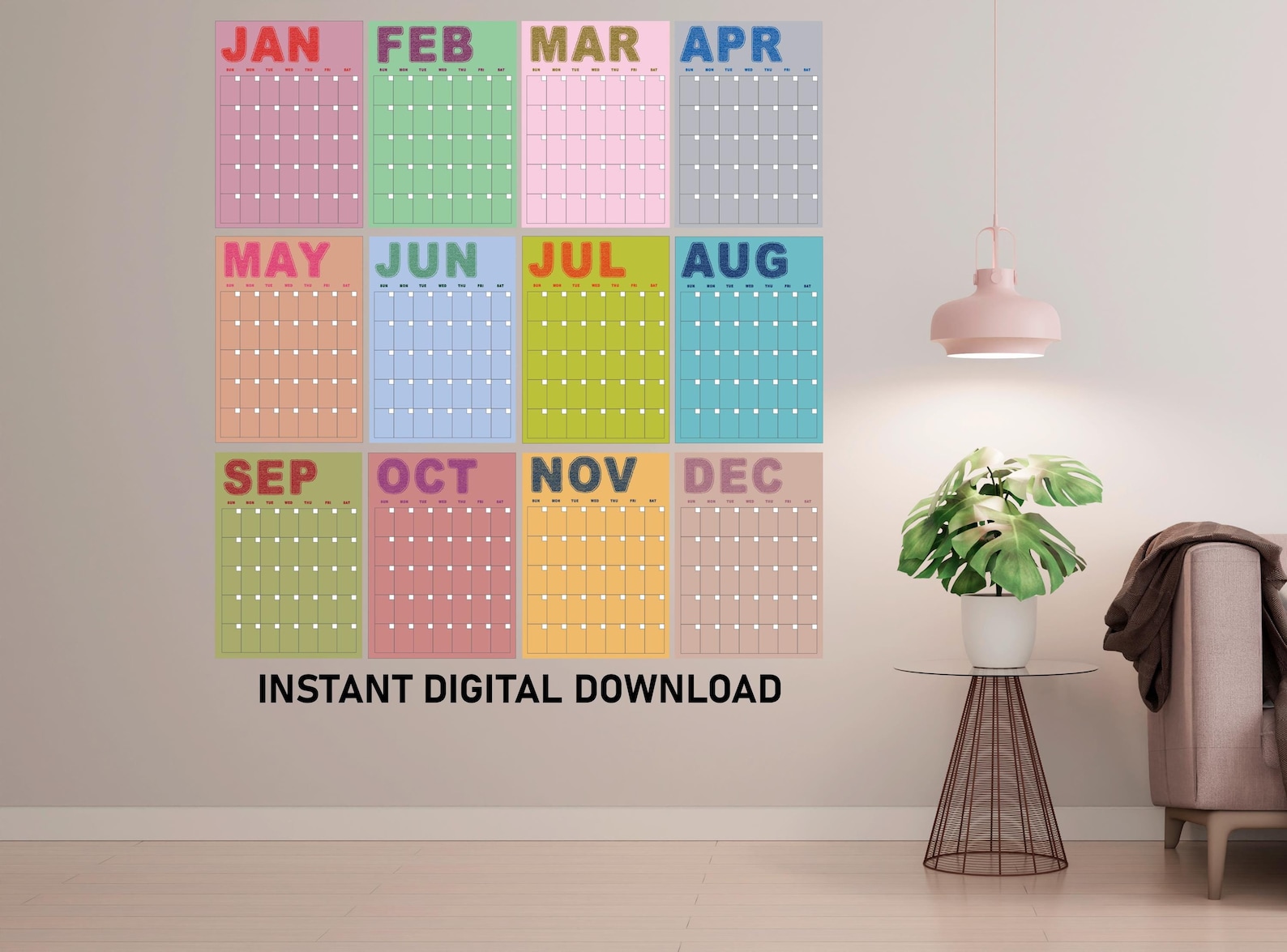 Large Monthly Wall Calendar Printable Bright, Undated Wall Calendar ...