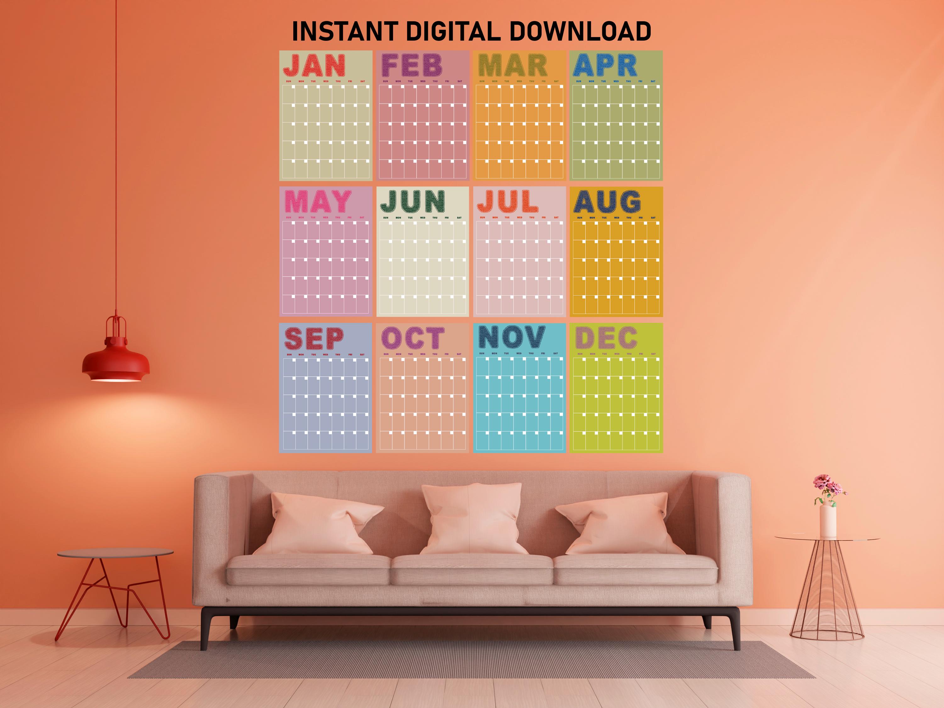 Large Monthly Wall Calendar Printable Bright, Undated Wall Calendar ...