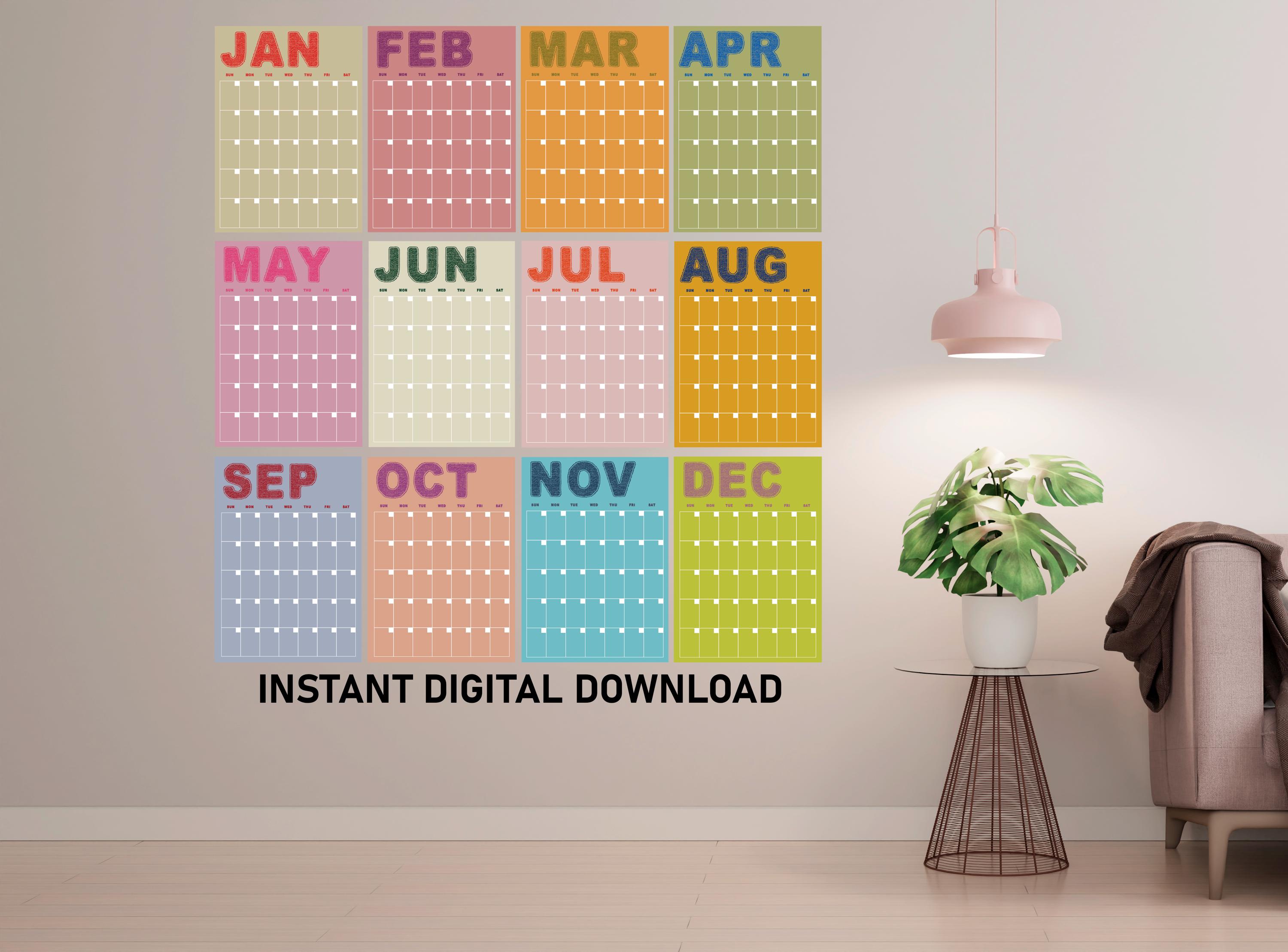 Large Monthly Wall Calendar Printable Bright, Undated Wall Calendar ...