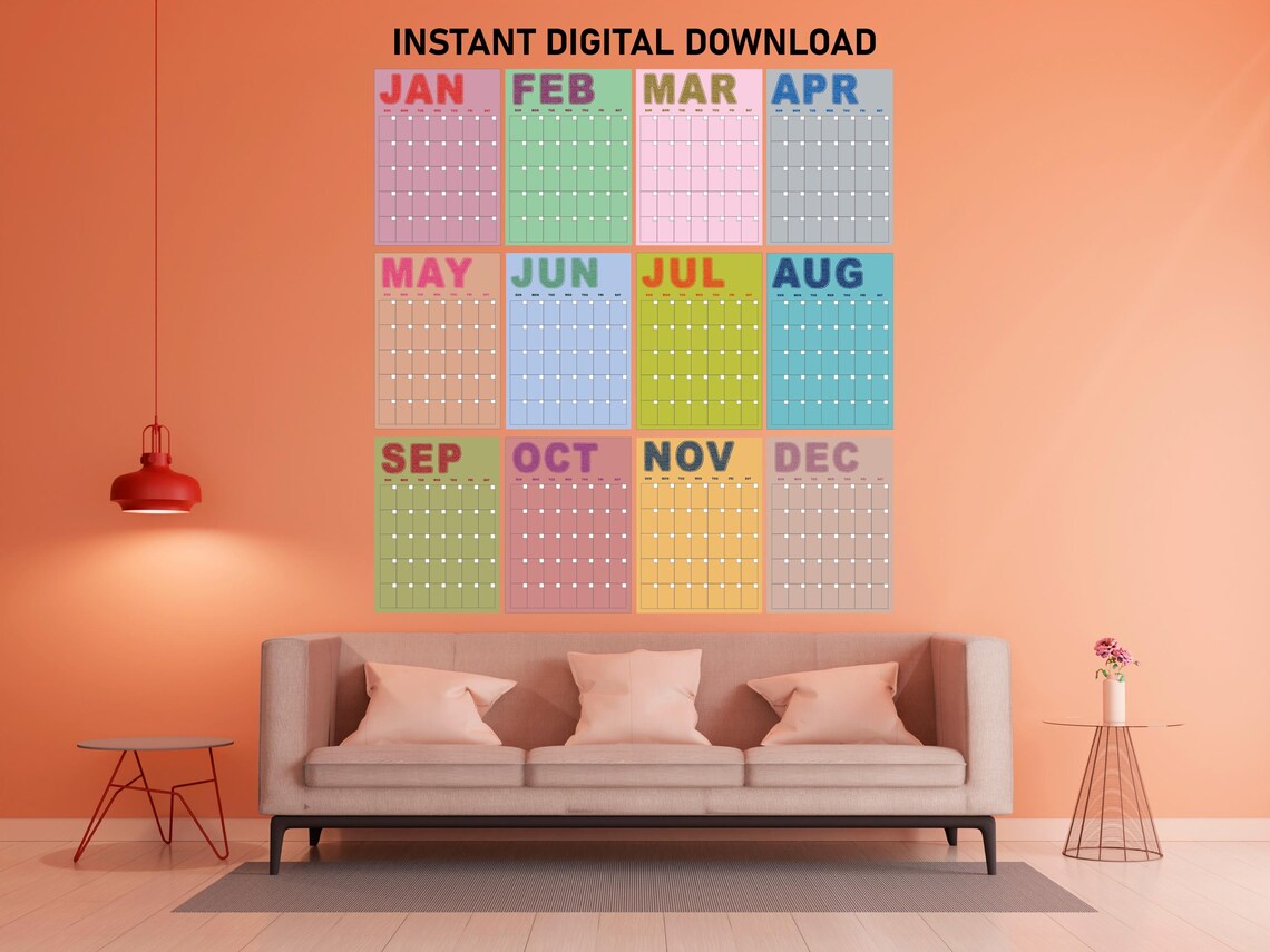 Large Monthly Wall Calendar Printable Bright, Undated Wall Calendar ...