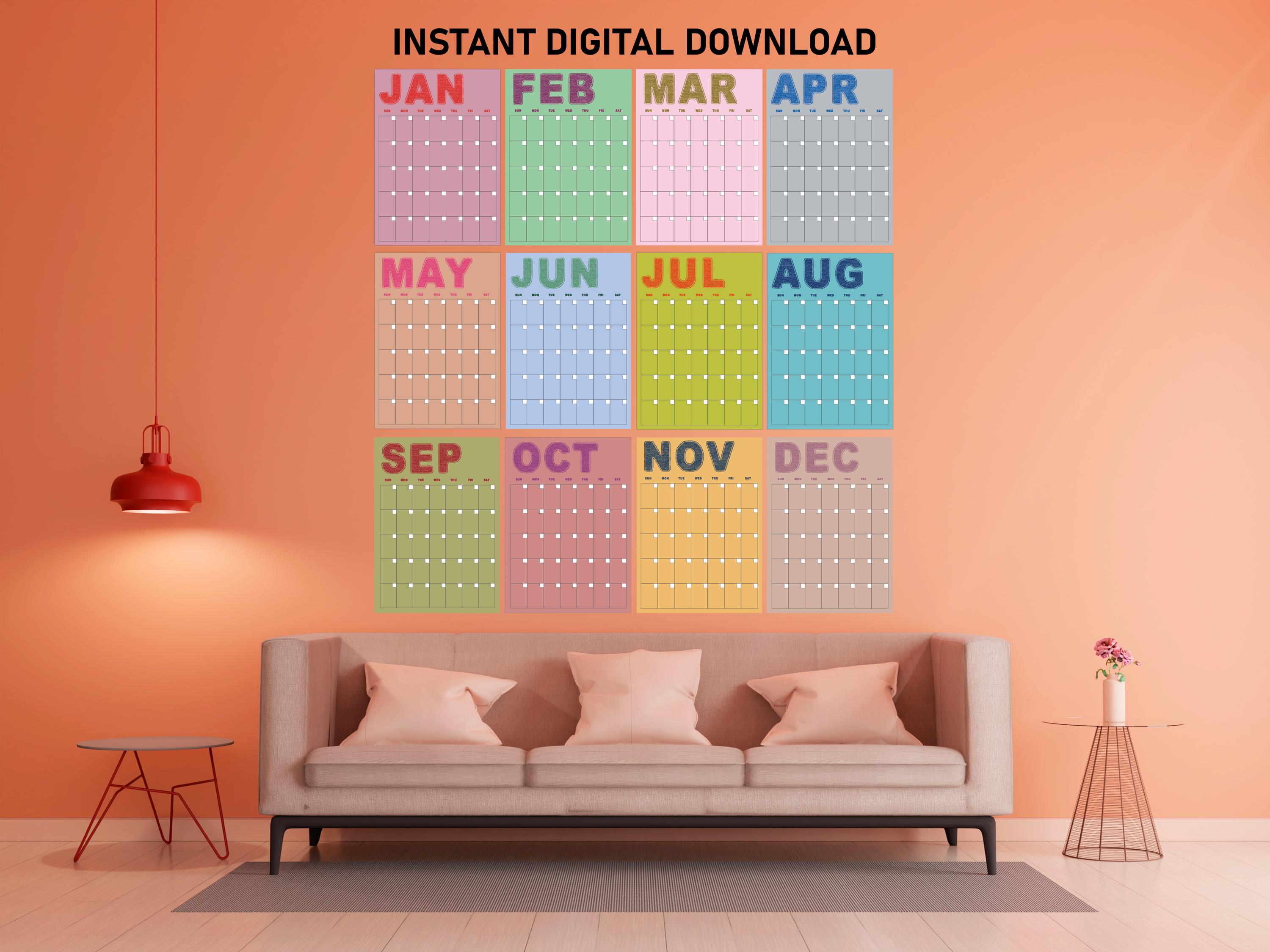 Large Monthly Wall Calendar Printable Bright, Undated Wall Calendar ...