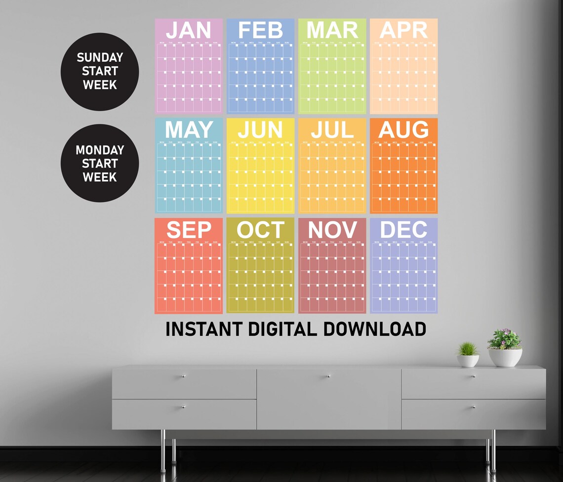 Large Monthly Wall Calendar Printable Bright, Pastel Wall Planner 2025 ...
