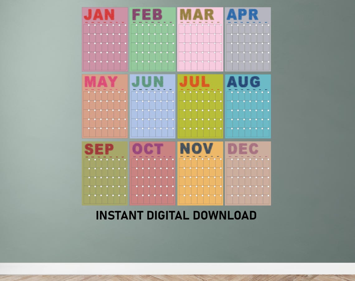Large Monthly Wall Calendar Printable Bright, Undated Wall Calendar ...