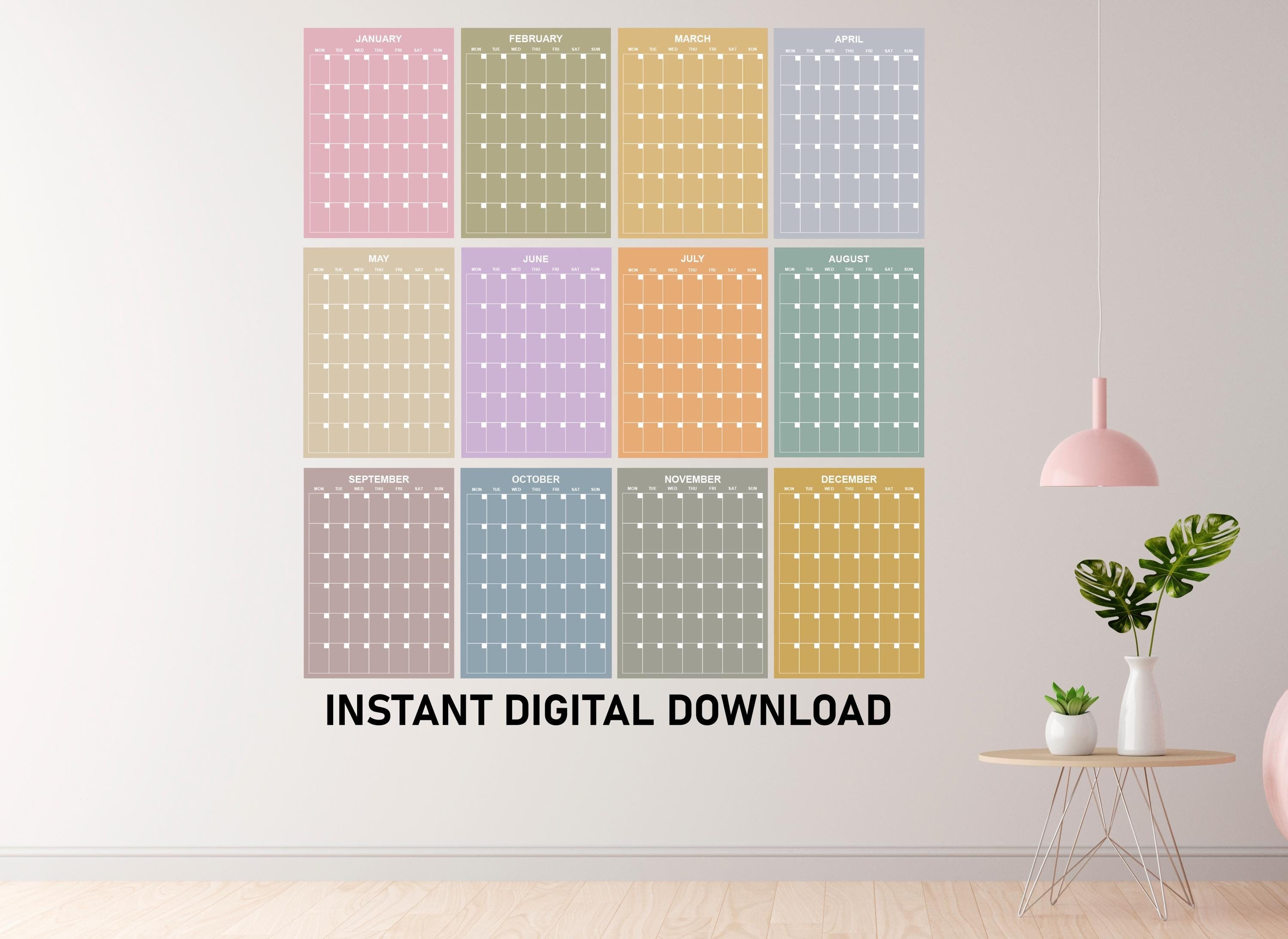 Large Monthly Wall Calendar Printable Bright, Undated Wall Calendar ...