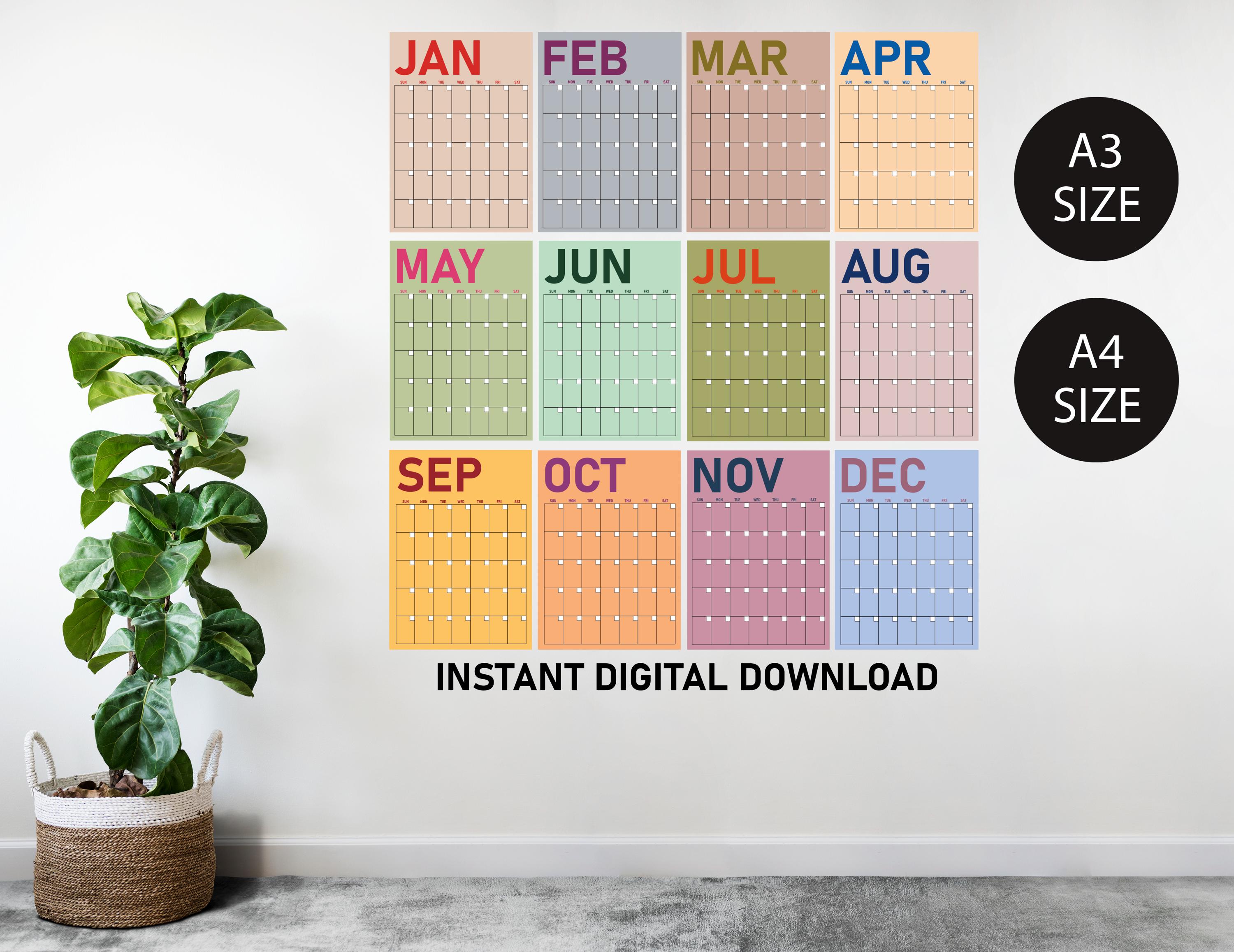 Large Monthly Wall Calendar Printable Bright, Undated Wall Calendar ...