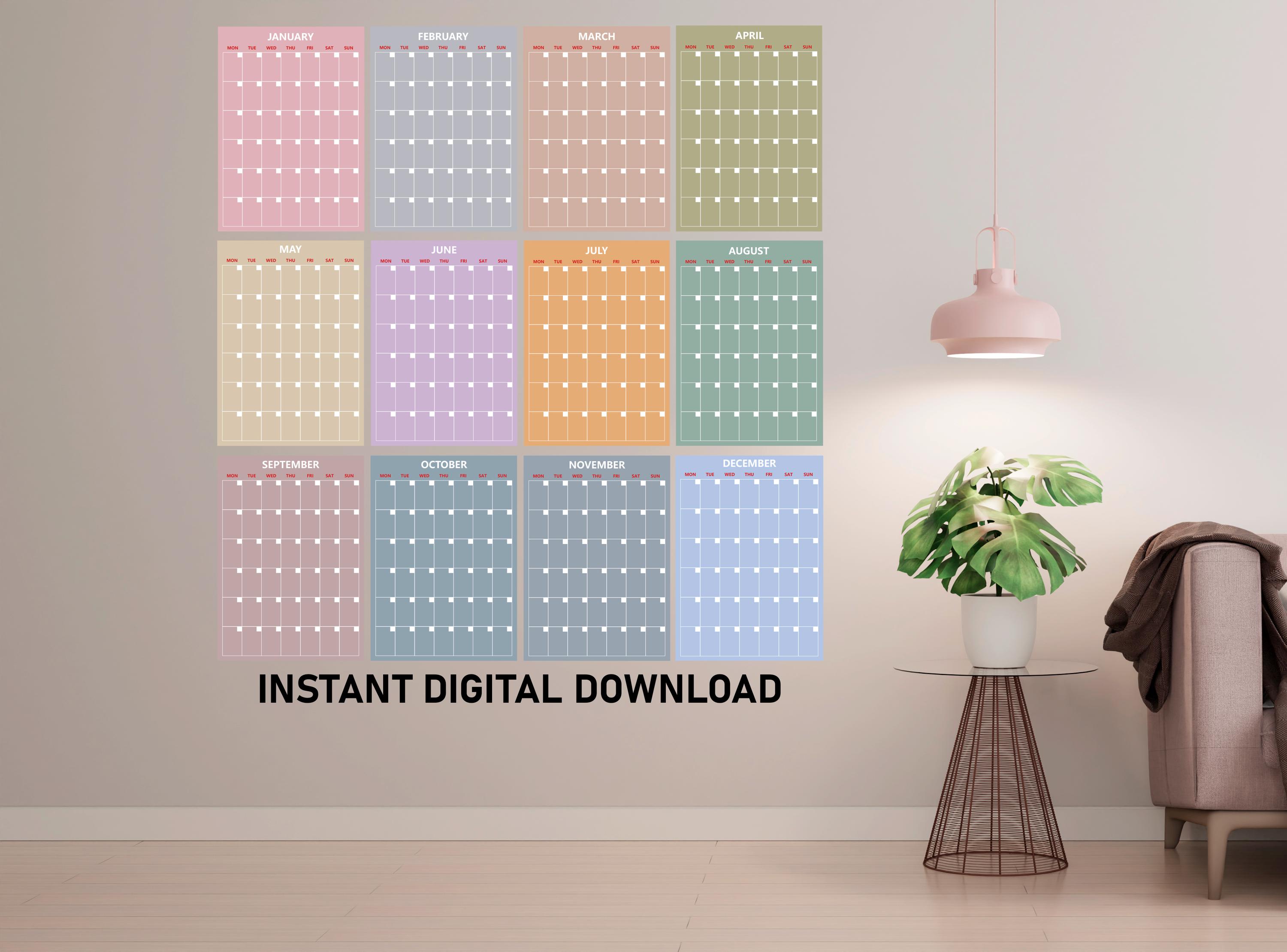 Large Monthly Wall Calendar A3 A4 PDF, Pastel Wall Calendar, Undated ...
