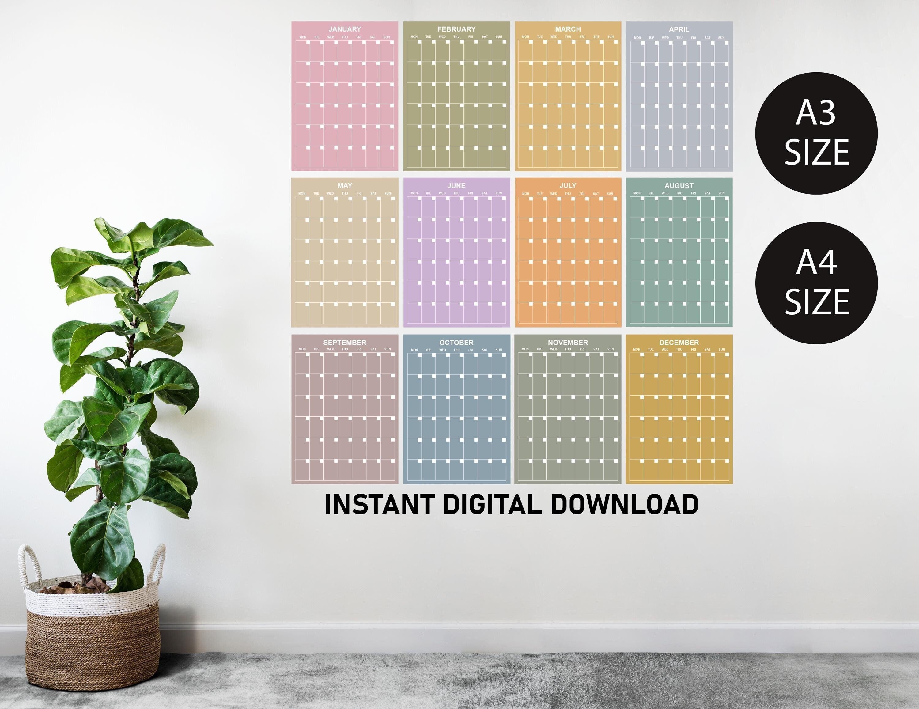 Large Monthly Wall Calendar Printable Bright, Undated Wall Calendar ...