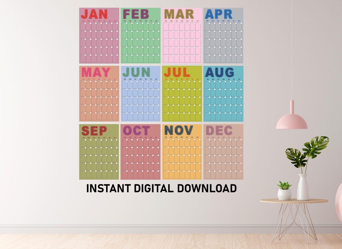 Large Monthly Wall Calendar Printable Bright, Undated Wall Calendar ...