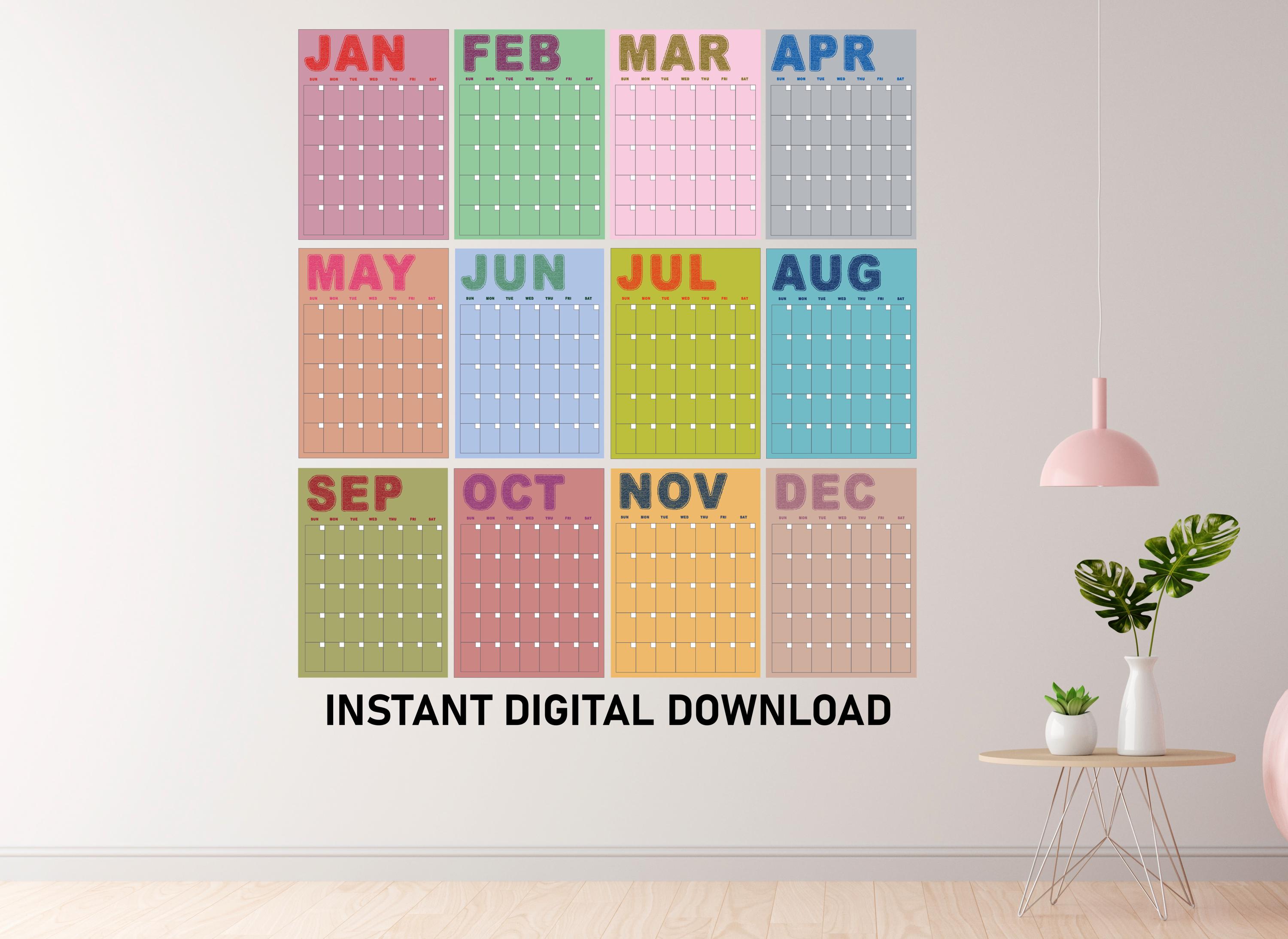 Large Monthly Wall Calendar Printable Bright, Undated Wall Calendar ...