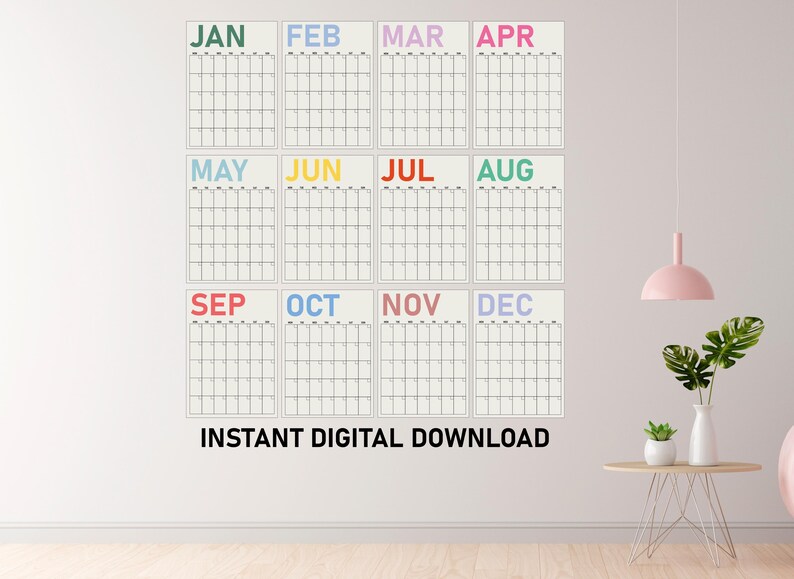 Large Monthly Wall Calendar A3 A4 PDF, Pastel Wall Planner, Undated ...