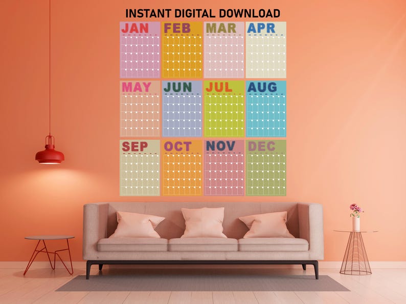 Large Monthly Wall Calendar Printable Bright, Undated Wall Calendar ...