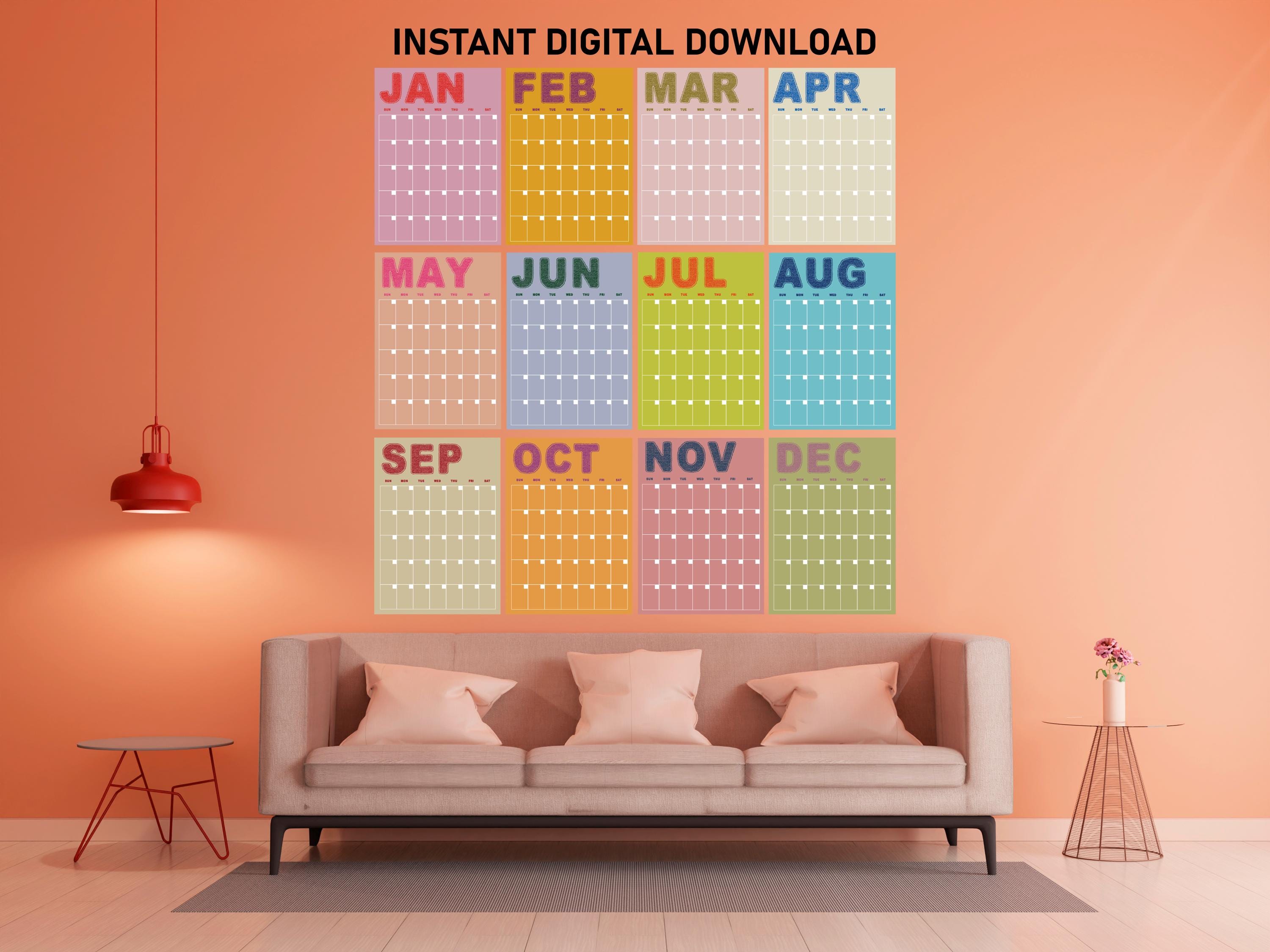 Large Monthly Wall Calendar Printable Bright, Undated Wall Calendar ...