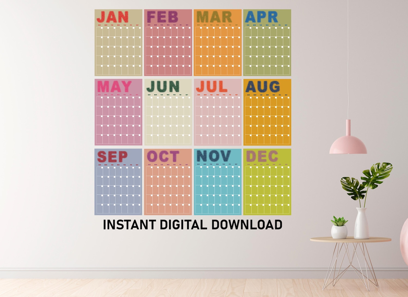 Large Monthly Wall Calendar Printable Bright, Undated Wall Calendar ...