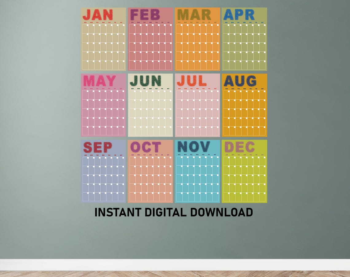 Large Monthly Wall Calendar Printable Bright, Undated Wall Calendar ...