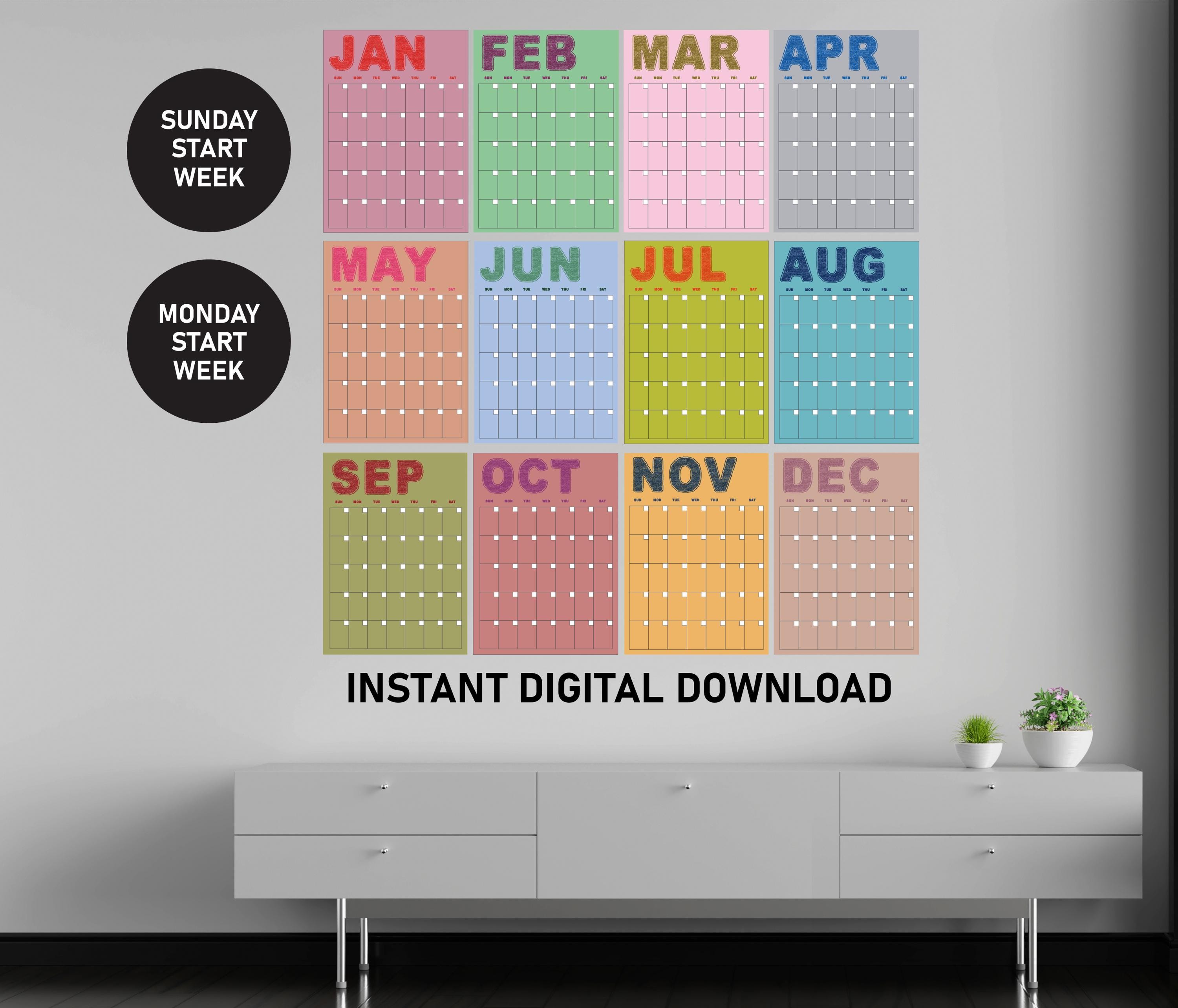 Large Monthly Wall Calendar Printable Bright, Undated Wall Calendar ...