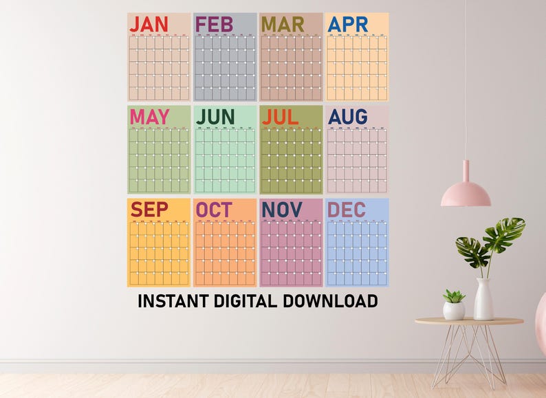 Large Monthly Wall Calendar Printable Bright, Undated Wall Calendar ...