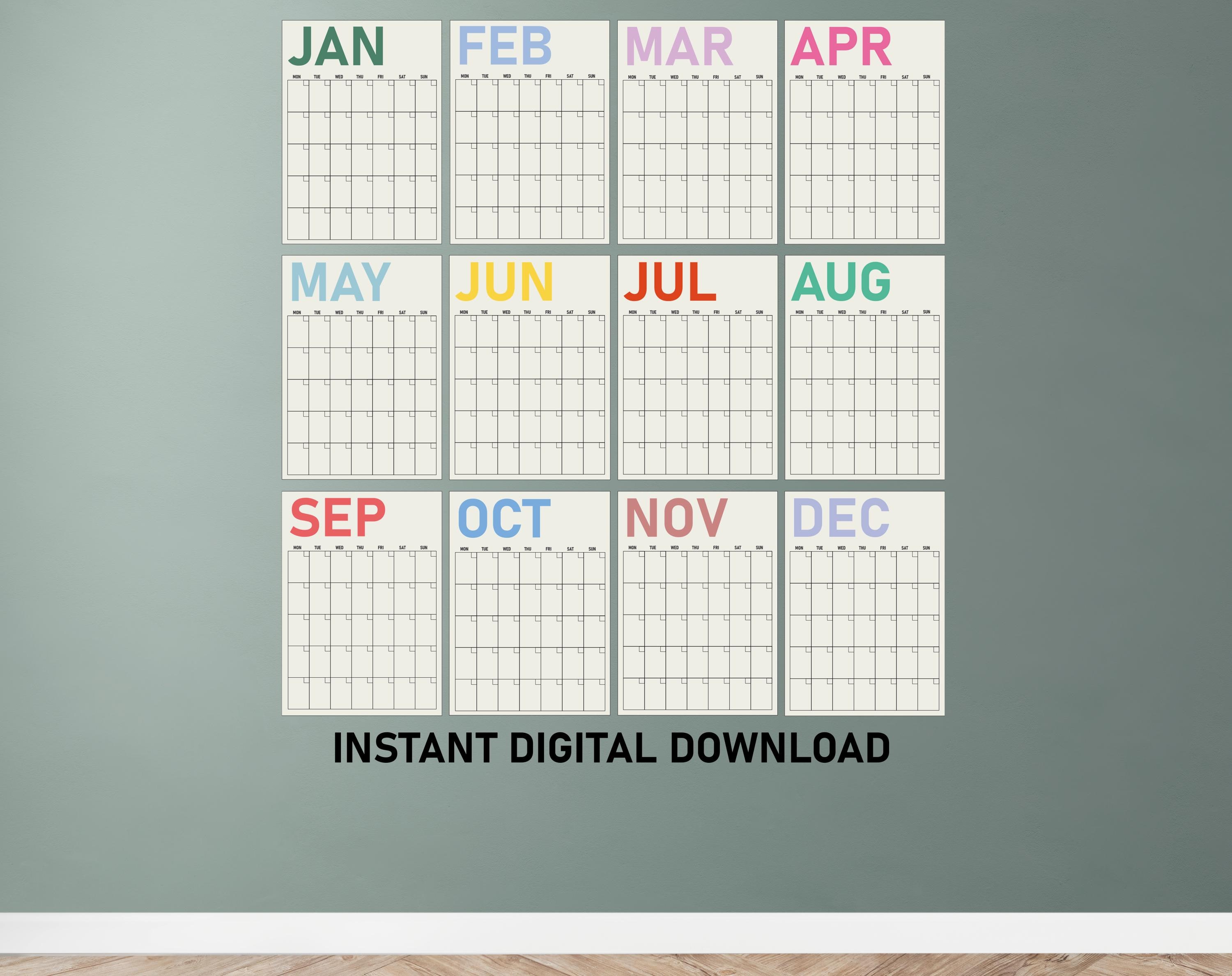 Large Monthly Wall Calendar A3 A4 PDF, Pastel Wall Planner, Undated ...