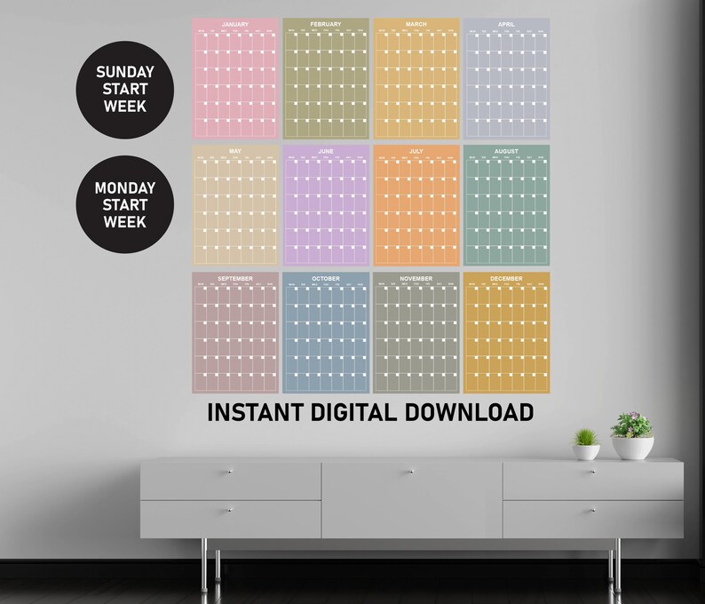 Large Monthly Wall Calendar Printable Bright, Undated Wall Calendar ...