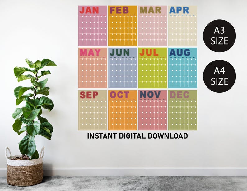 Large Monthly Wall Calendar Printable Bright, Undated Wall Calendar ...