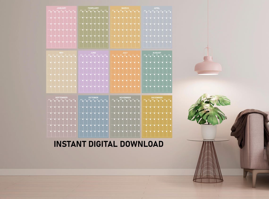 Large Monthly Wall Calendar Printable Bright, Undated Wall Calendar ...