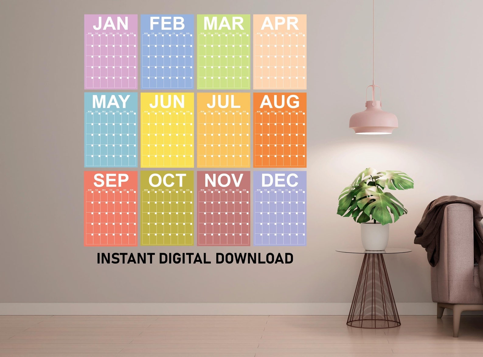 Large Monthly Wall Calendar Printable Bright, Pastel Wall Planner 2025 ...