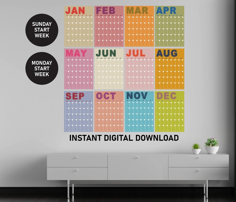 Large Monthly Wall Calendar Printable Bright, Undated Wall Calendar ...