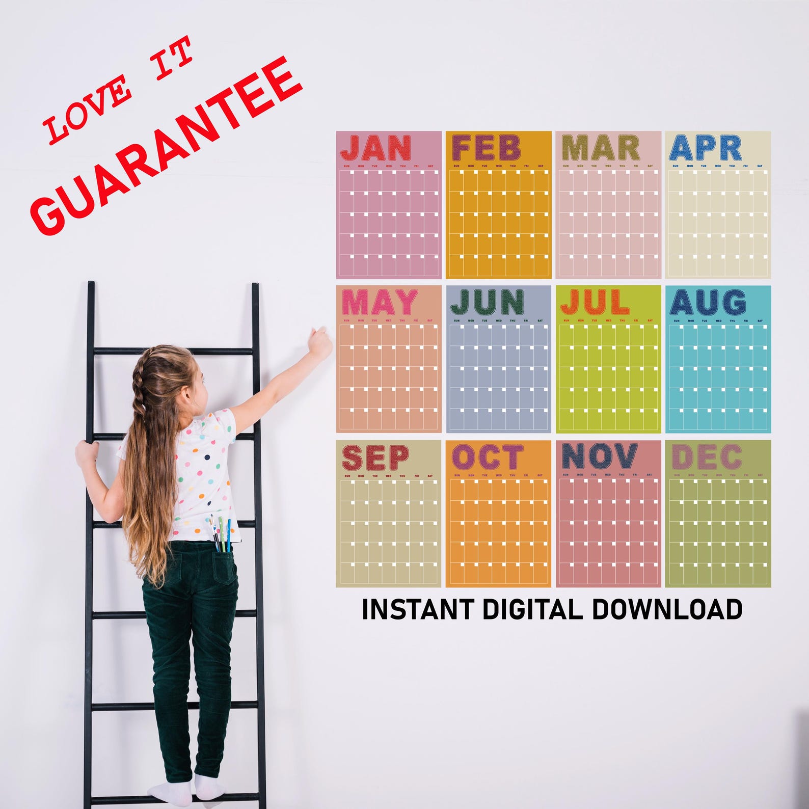 Large Monthly Wall Calendar Printable Bright, Undated Wall Calendar ...
