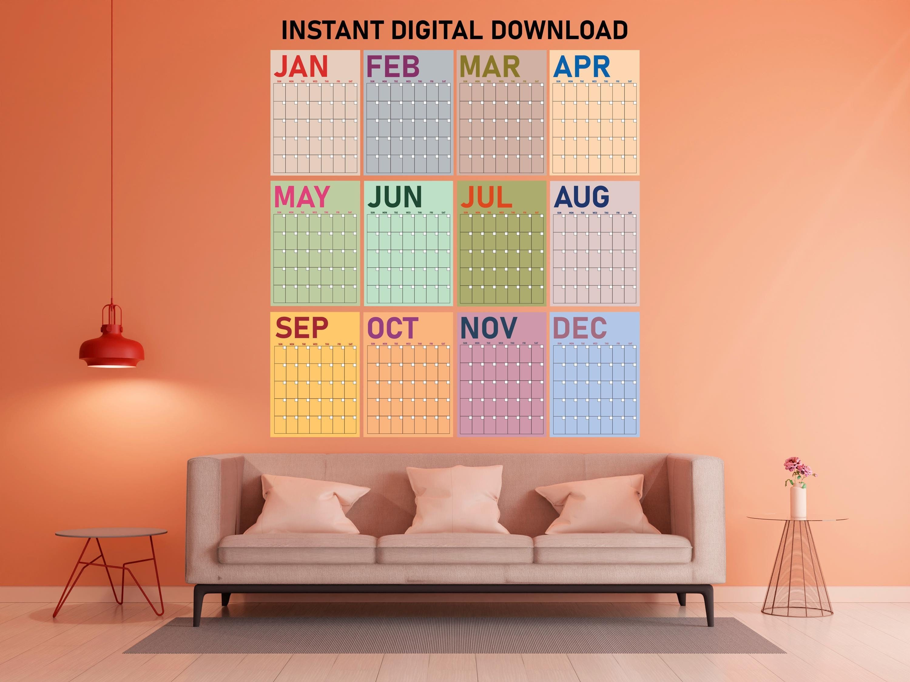 Large Monthly Wall Calendar Printable Bright, Undated Wall Calendar ...
