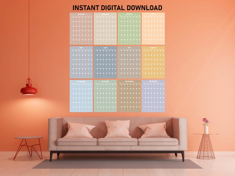 Large Monthly Wall Planner A3 A4 PDF, Pastel Wall Calendar, Undated ...