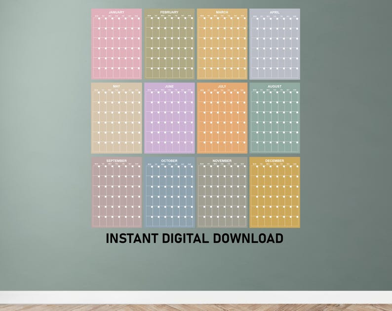 Large Monthly Wall Calendar Printable Bright, Undated Wall Calendar ...