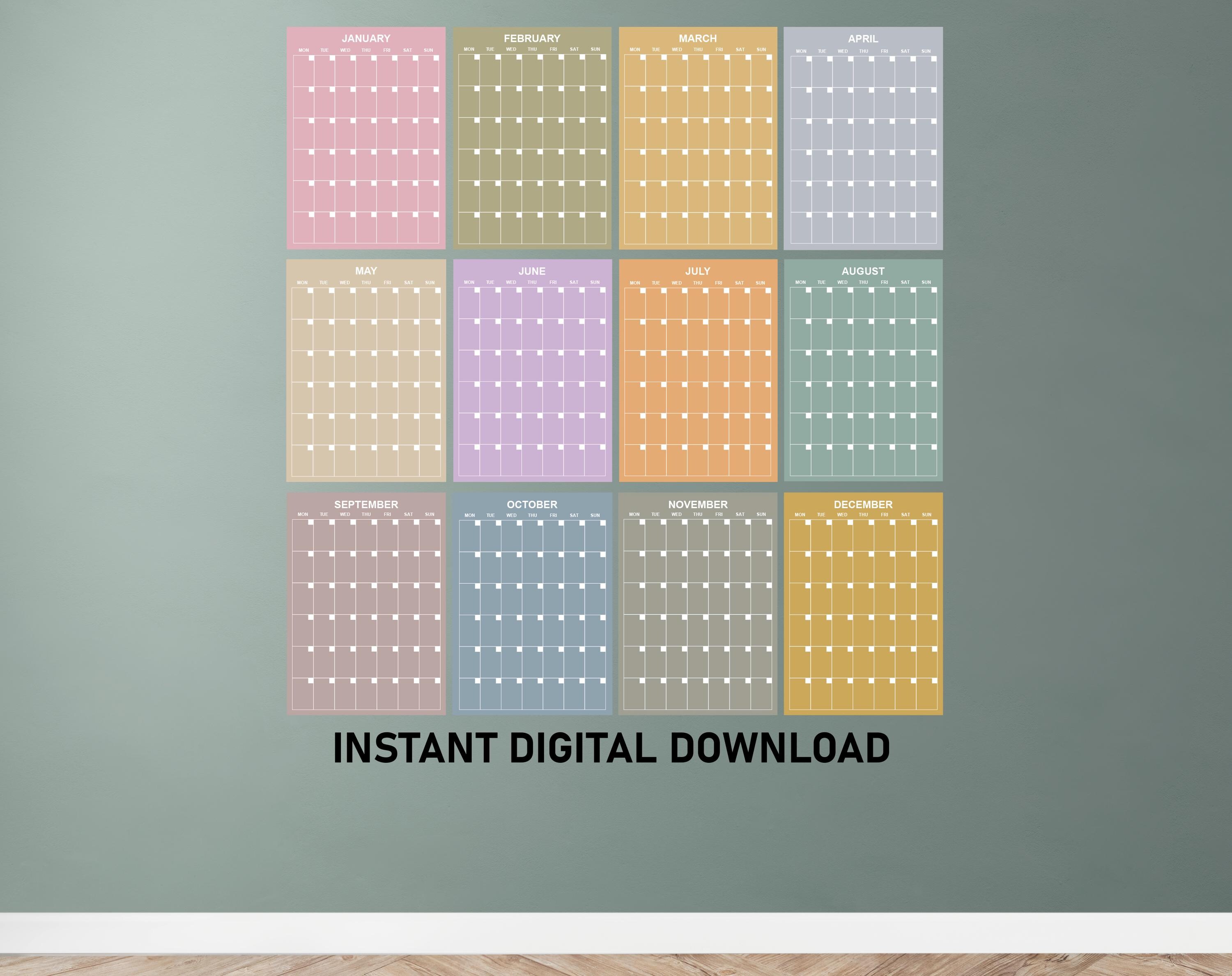 Large Monthly Wall Calendar Printable Bright, Undated Wall Calendar ...