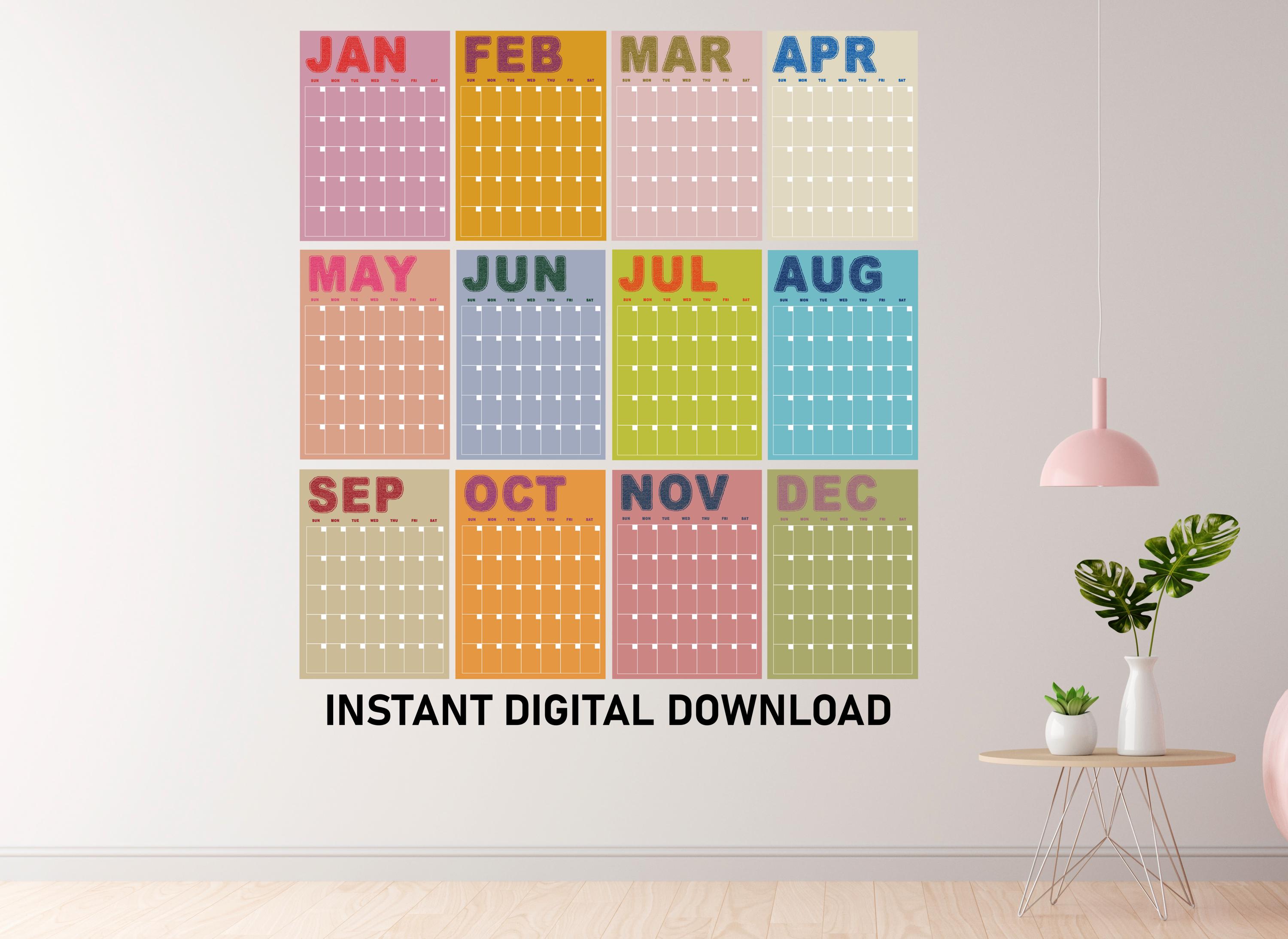Large Monthly Wall Calendar Printable Bright, Undated Wall Calendar ...