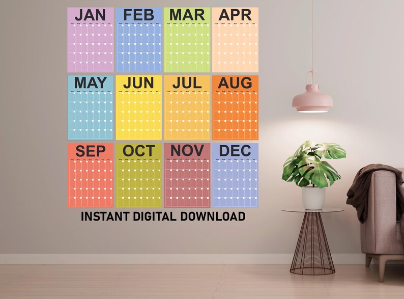 Large Monthly Wall Calendar Printable Bright, Pastel Wall Calendar 2025 ...
