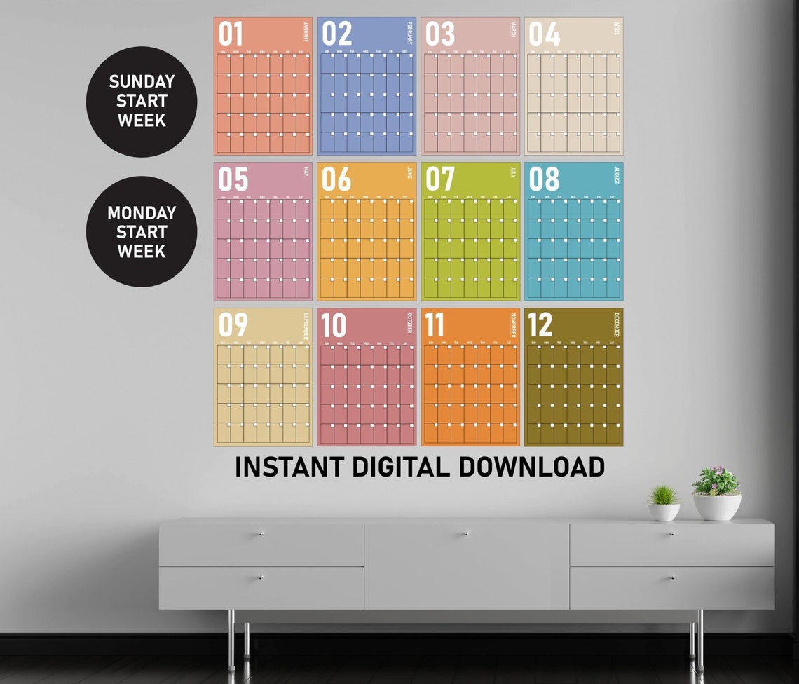 Large Monthly Wall Calendar A4 A3, Pastel Wall Planner PDF, Undated ...