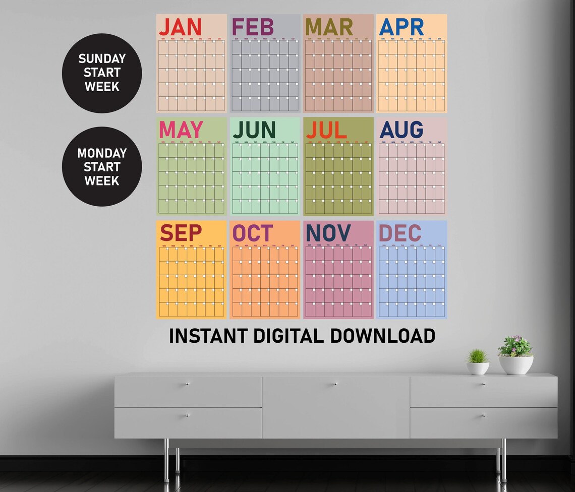 Large Monthly Wall Calendar Printable Bright, Undated Wall Calendar ...