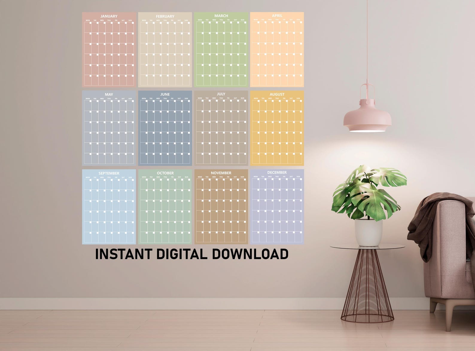 Large Monthly Wall Planner A3 A4 PDF, Pastel Wall Calendar, Undated ...