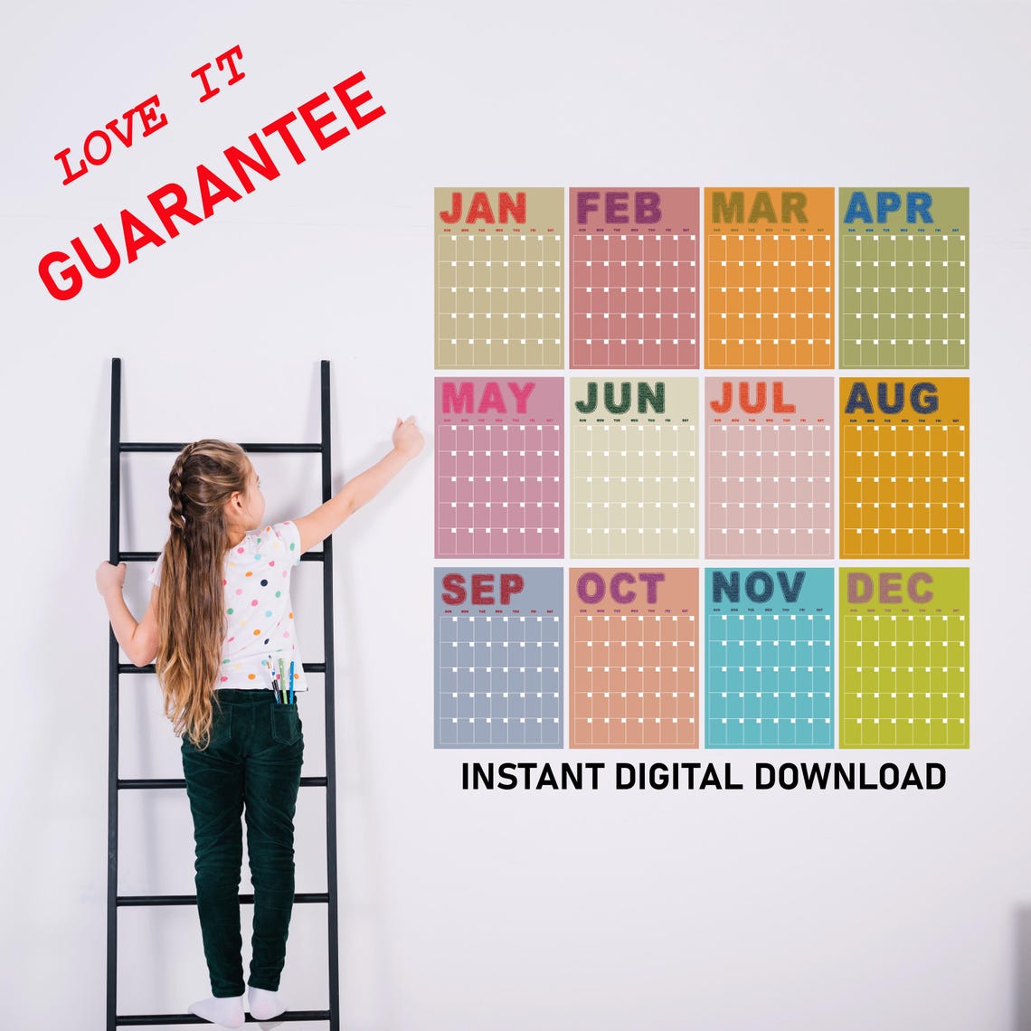 Large Monthly Wall Calendar Printable Bright, Undated Wall Calendar ...