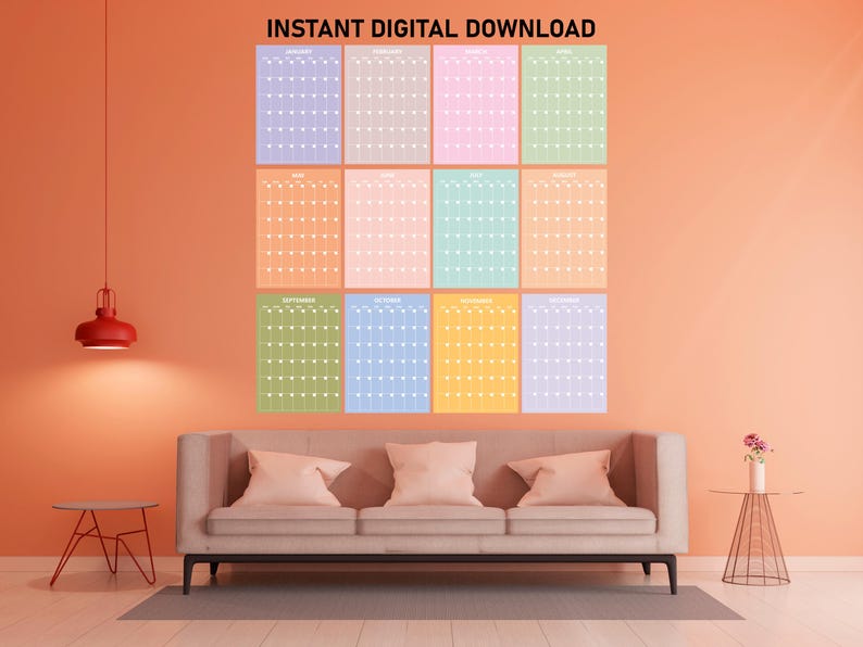Large Monthly Wall Calendar A3 A4 PDF, Pastel Wall Calendar, Undated ...