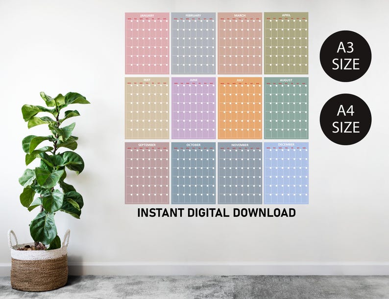 Large Monthly Wall Calendar A3 A4 PDF, Pastel Wall Calendar, Undated ...
