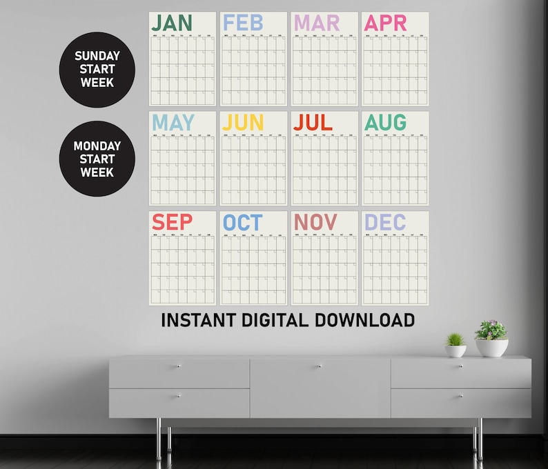 Large Monthly Wall Calendar A3 A4 PDF, Pastel Wall Planner, Undated ...