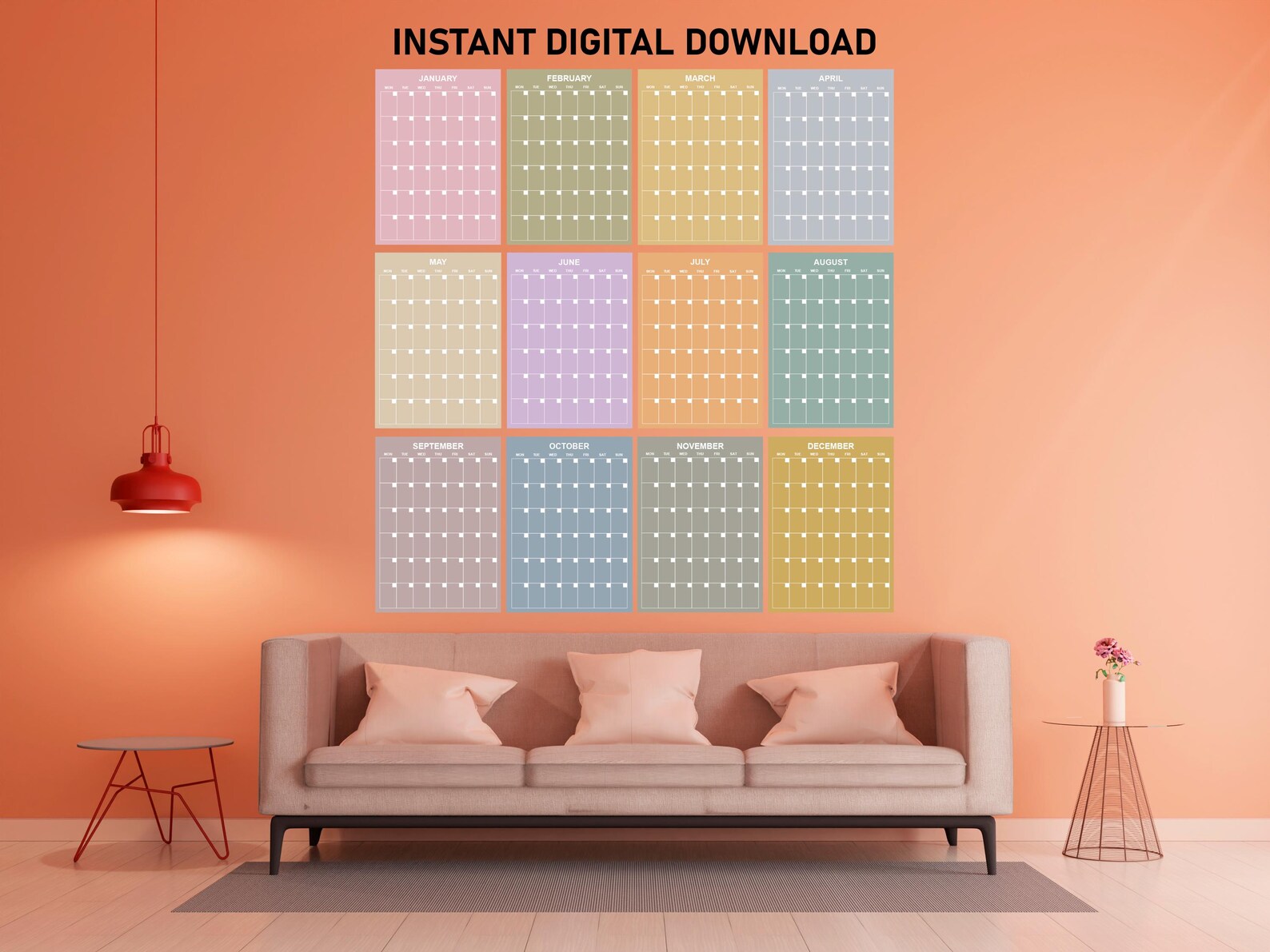 Large Monthly Wall Calendar Printable Bright, Undated Wall Calendar ...