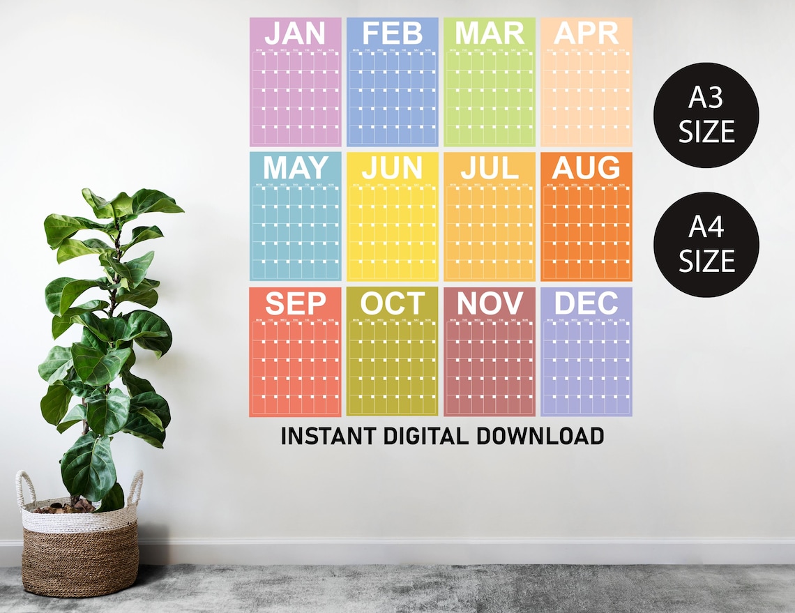 Large Monthly Wall Calendar Printable Bright, Pastel Wall Planner 2025 ...