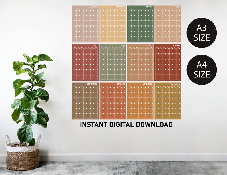 Large Monthly Wall Calendar A3 A4 PDF, Pastel Wall Calendar, Undated ...