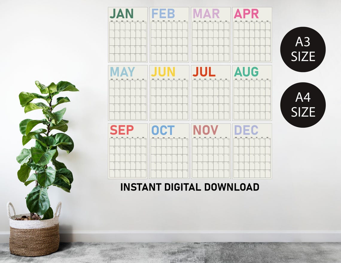 Large Monthly Wall Calendar A3 A4 PDF, Pastel Wall Planner, Undated ...