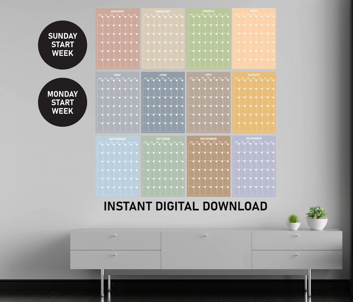 Large Monthly Wall Planner A3 A4 PDF, Pastel Wall Calendar, Undated ...
